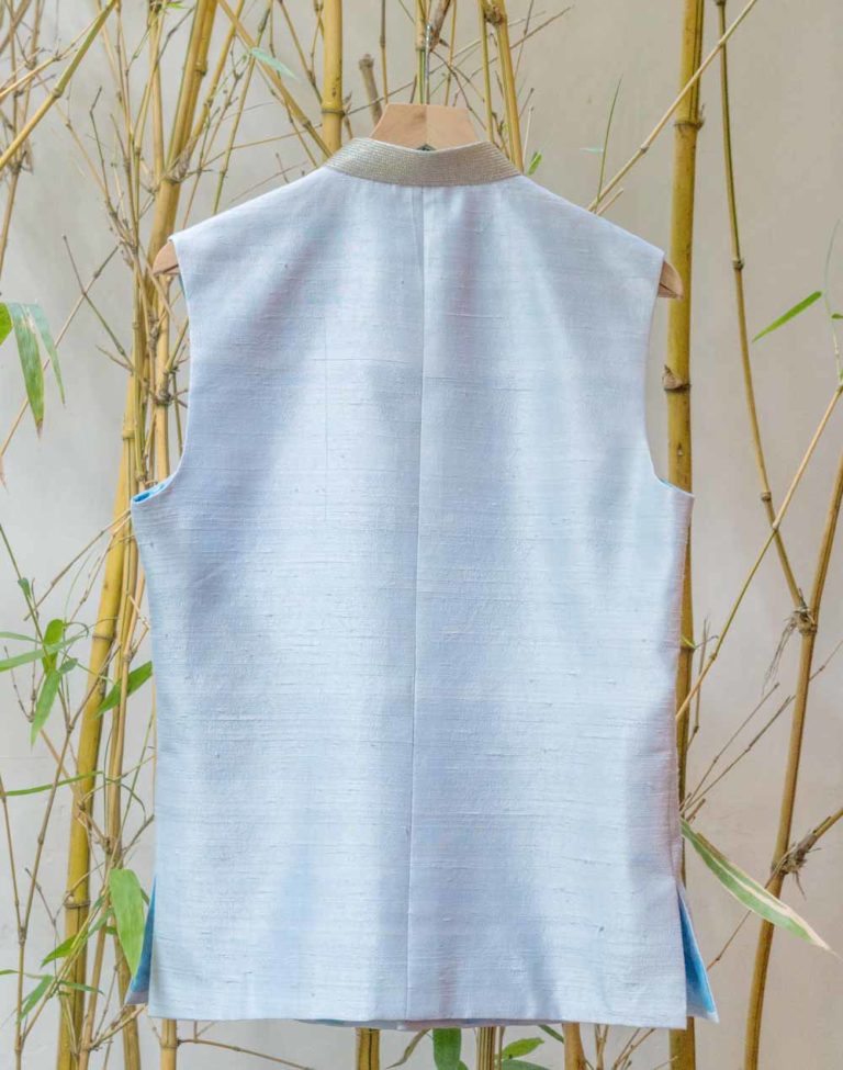 Powder Blue Embroidered Bandi | Designer Clothes For Men Online - Anj