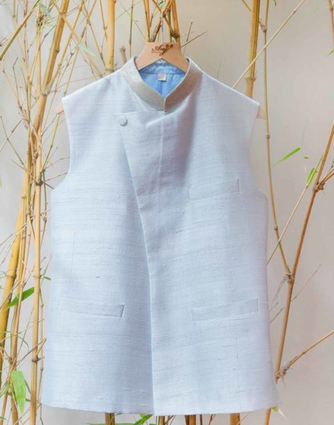 Powder Blue Embroidered Bandi | Designer Clothes For Men Online - Anj